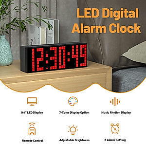 CHKOSDA Digital Alarm Clock, Led Clock with 2" Digital, 7 Color Options, Adjustable Brightness, Countdown Clock with Remote Control, Calendar and Temperature Display Desk Clock for Bedroom