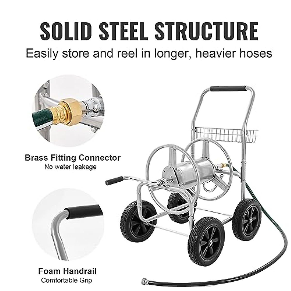 VEVOR Hose Reel Cart, Hold Up to 300 ft of 5/8’’ Hose, Garden Water Hose Carts Mobile Tools with 4 Wheels, Heavy Duty Powder-Coated Steel Outdoor Planting with Storage Basket, for Garden, Yard, Lawn