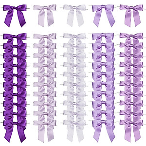 LIZLOVESS 5 Colors Purple Twist Tie Bows for Treat Bags 3.5" Pre-Tied Lilac Satin Ribbon Bows Gift Wrap Bows Premade Bows for Crafts, Cake Pops, Wedding, Hair, Party Favors, Baked Goods (50 Pack)