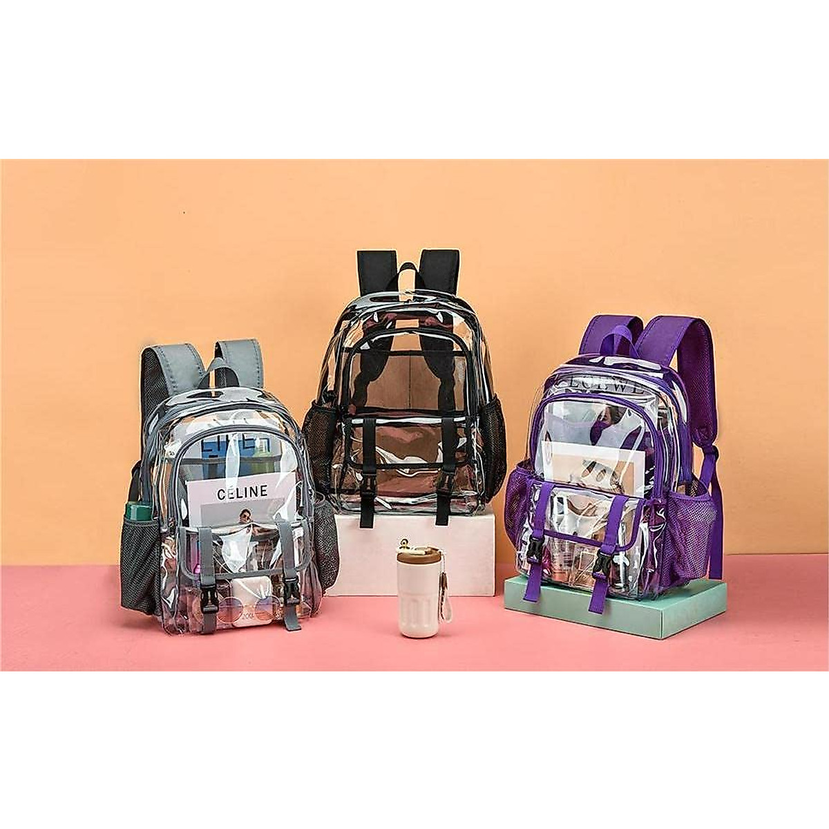 KUI WAN Clear Backpack, Large Clear Bag Stadium Approved Heavy Duty PVC Transparent See Through Backpacks for College,Stadium,Work,Security,Festival,Black