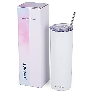 SUNWILL Straw Tumbler Skinny Travel Tumbler with Lid, Vacuum Insulated Double Wall Stainless Steel 20oz for Coffee, Tea, Beverages, White