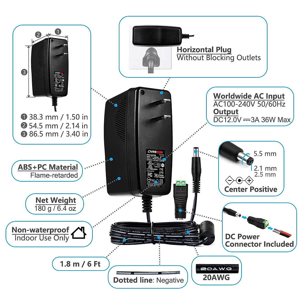 Chanzon 12V 3A 36W Power Supply AC DC Switching Adapter, 12 Volt 3 Amp AC/DC Wall Wart Converter Transformer, 100-240v 50 60HZ Input with 12vdc 3000ma Output