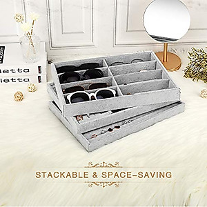 Emibele Glasses Organizer Jewelry Tray, 8 Grids Velvet Tray Watch Storage Stackable Jewelry Showcase Display Storage with Detachable Inner Dividers - Grey