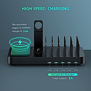 8 in 1 Wireless Charging Station for Multiple Devices, Charging Dock with AirPods iWatch Stand, 10W Wireless Charger and 9 Short Mixed Cables for iPhone/iPad/Android/Tablets-Blcak