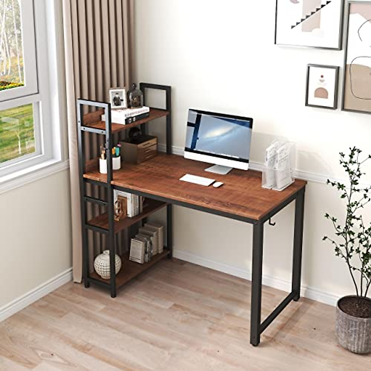 Napnapday 55 inch Computer Desk with Shelves, Desk with Storage Bookshelf Writing Table for Gaming Home Office Bedroom, Mahogany
