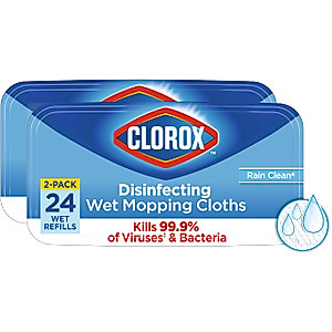 Clorox Disinfecting Wet Mopping Cloths, Disposable Mop Heads, Multi-Surface Floor Mop, Rain Clean Scent, 24 Wet Refills (Pack of 2)
