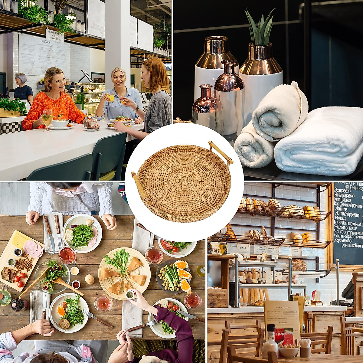 Round Rattan Coffee Table Tray with Handles - Woven Basket Food Decorative Tray ，Handmade Rattan Serving Tray with Handles ，Adorable Natural Bamboo Tray for Ottoman Coffee Table (Large/11 inch)