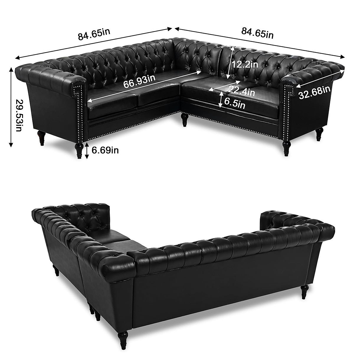 Vaztrlus Chesterfield L-Shaped Faux Leather Sectional Sofa， Modern, Large Corner Couch for Living Room with Modular Button Design. Five-Seater Sofas (Black