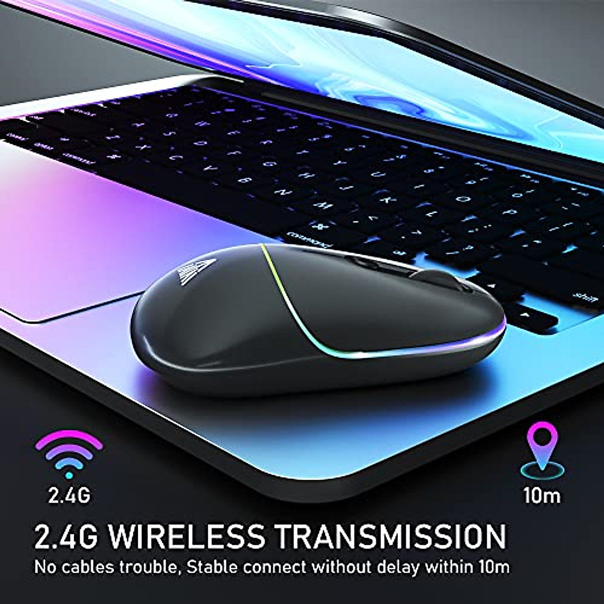SOLAKAKA RGB 2.4GHz Wireless Mouse, Slim Portable Cordless Silent Laptop Office Mouse, Rechargeable USB PC Computer Mice, Black