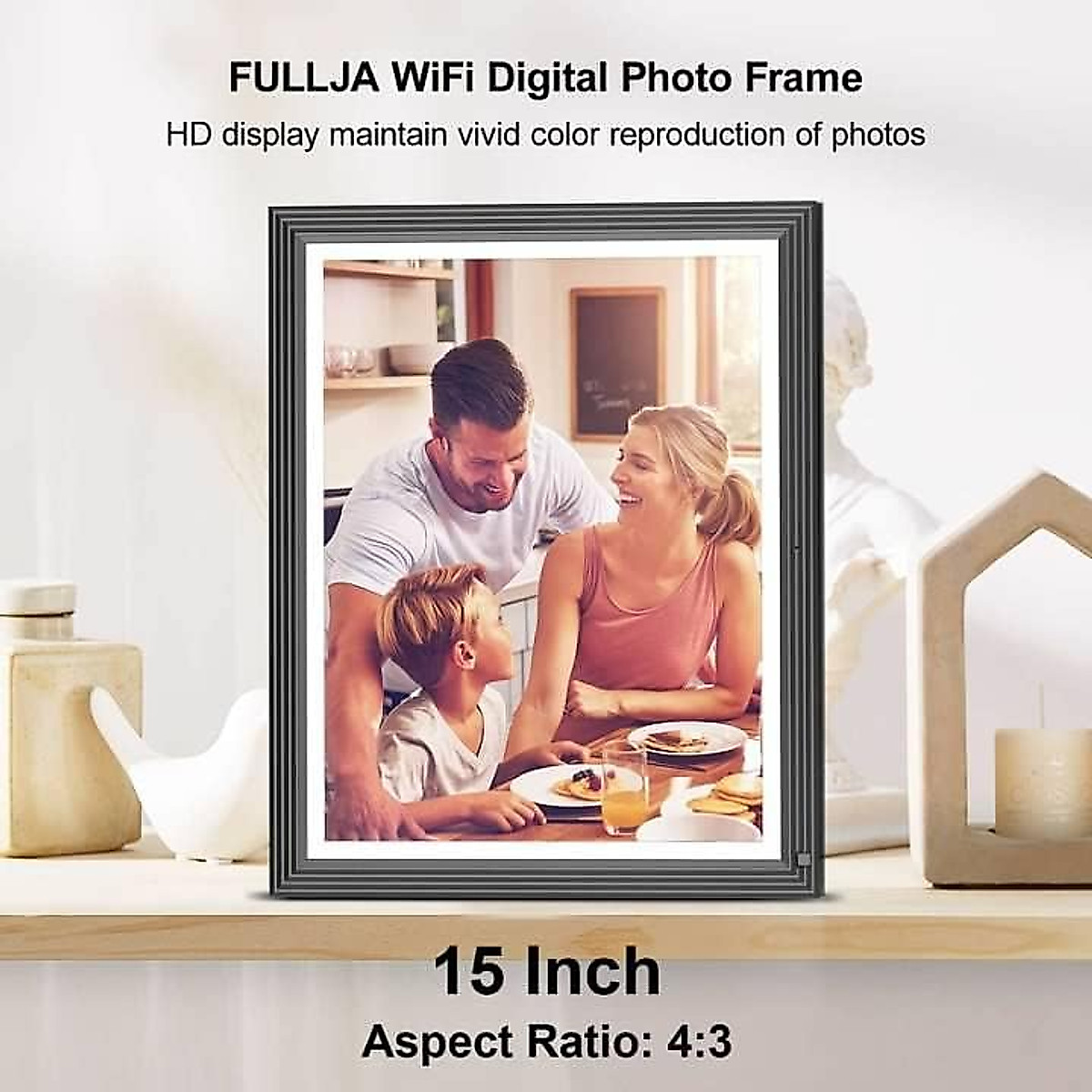 Digital Picture Frame 15 inch - FULLJA Large WiFi Smart Photo Frame with HD Wide Angle, Remote Control, 32GB Memory, Wall Mountable, Easy to Share Photos or Videos via App/Email, Gift for Family