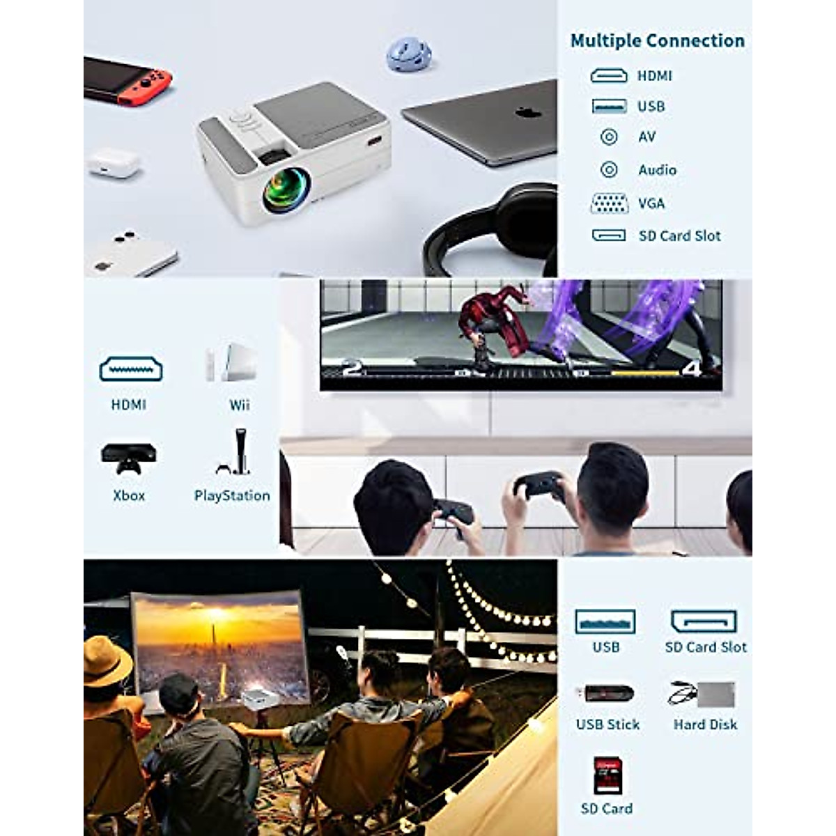 Mini Projector for Outdoor, iOS Android Phone, Wireless HD Projector with WiFi, 1080P YouTube Supported, Portable Video Projector Camping Backyard Movie Nights, Proyector Home Entertainment