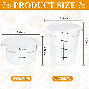 Milkary 4Pcs Food Storage Container with Lids, Clear Round Dough Proofing Container, Commercial Containers with Scales and Handles for Bread Dough Rise Fridge Kitchen Organization 2 Qt 4 Qt (White)