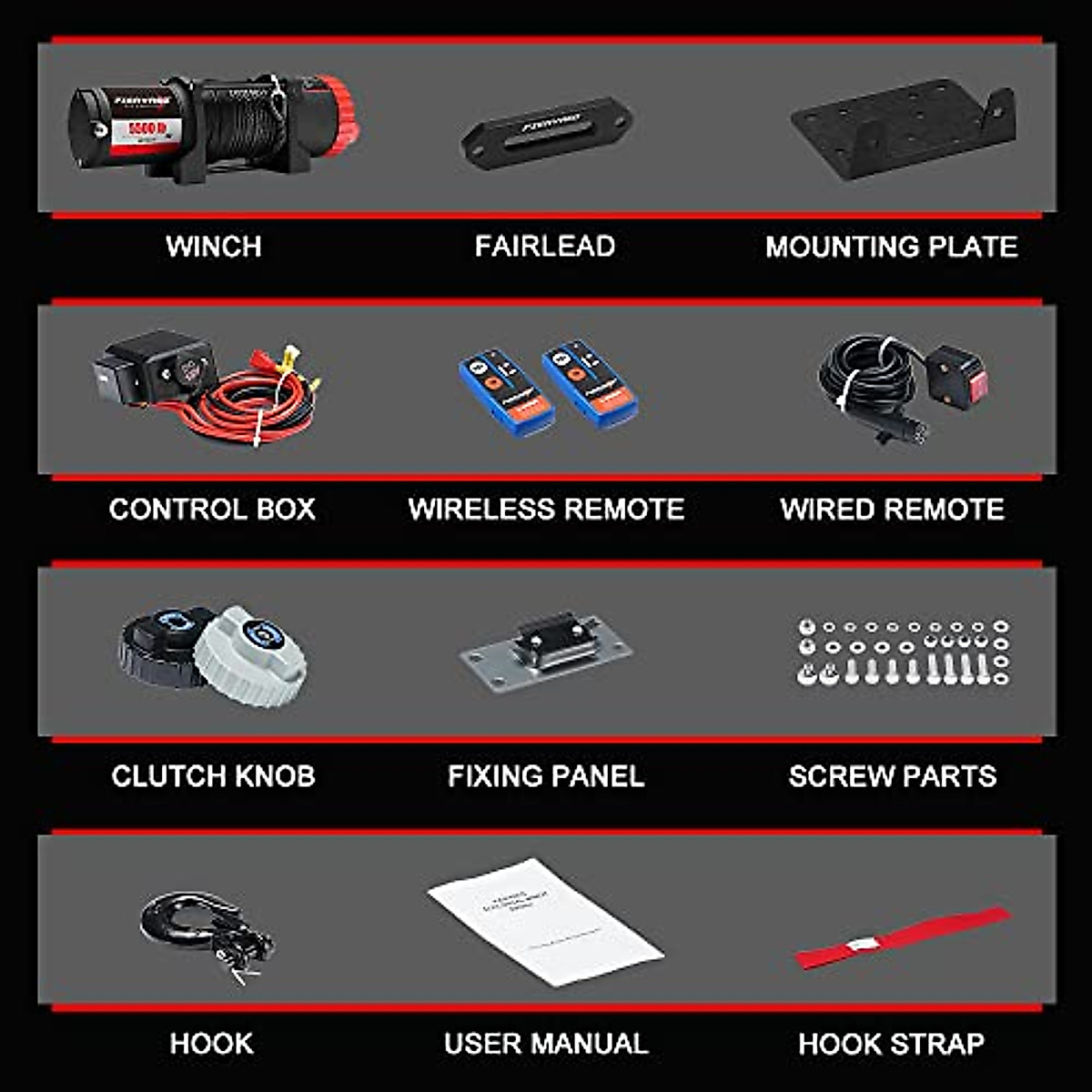 FIERYRED 12V 5500LBS Electric Winch with Synthetic Rope, Wireless Remote Control Winch for ATV, UTV,Truck, Off Road Trailer,3 Colours Clutch Knob Wired Anailable