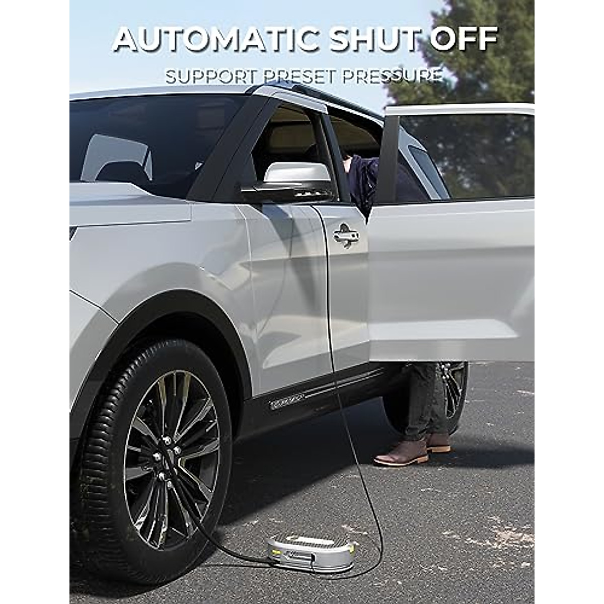 Tire Inflator Portable Air Compressor 150PSI with Pressure Gauge 12v Air Compressor Tire Inflator with Auto Retraction Power Cord, Auto Shut-off and Emergency LED Light By Giraffe Tools