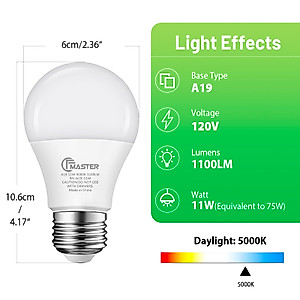 JIANGSILING A19 LED Light Bulb, 75W Equivalent LED Bulb, 11W 5000K Daylight, 1100 Lumens, Non-Dimmable Light Bulbs, CRI 85+, No Flicker E26 Base Bulbs for Home Office, 6-Pack