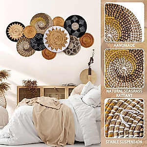 Xuhal 11 Pcs Boho Hanging Wall Basket Decor Handmade Woven Basket Wall Decorative Boho Wicker Baskets Placemats Round Farmhouse Wall Bulrush Art for Rustic Home Decorations Christmas Gift(Stylish)