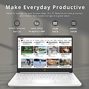 HP 2022 14-inch HD Laptop, Intel Celeron N4020, 16GB RAM, 64GB Storage, Win 11, Thin & Portable, 4K Graphics, One Year of Microsoft 365, Snowflake White, 32GB Snowbell USB Card