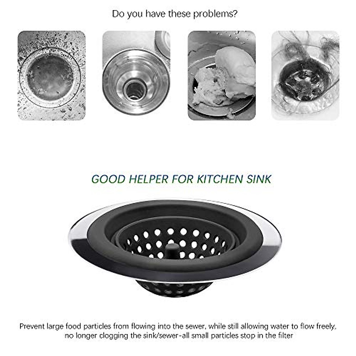 2PCS Sink Strainers,Flexible Silicone and Stainless Steel Kitchen Sink Drainer Baskets，Large Wide Rim 4.5 inch Diameter,Rust Free,Prevent Food Residues from Clogging