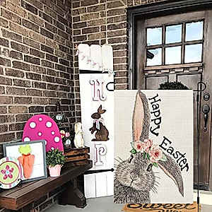 CROWNED BEAUTY Happy Easter Bunny Garden Flag 12X18 Inch Double Sided for Outside Small Burlap Yard Holiday Flag