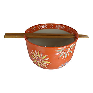 Ebros Japanese Design Ceramic Ramen Udong Noodles Bowl and Chopsticks Set For Asian Dining Soup Rice Gourmet Meal As Taste of Asia Collection Of Bowls Decor Kitchen Decorative (Orange Flower Blossoms)