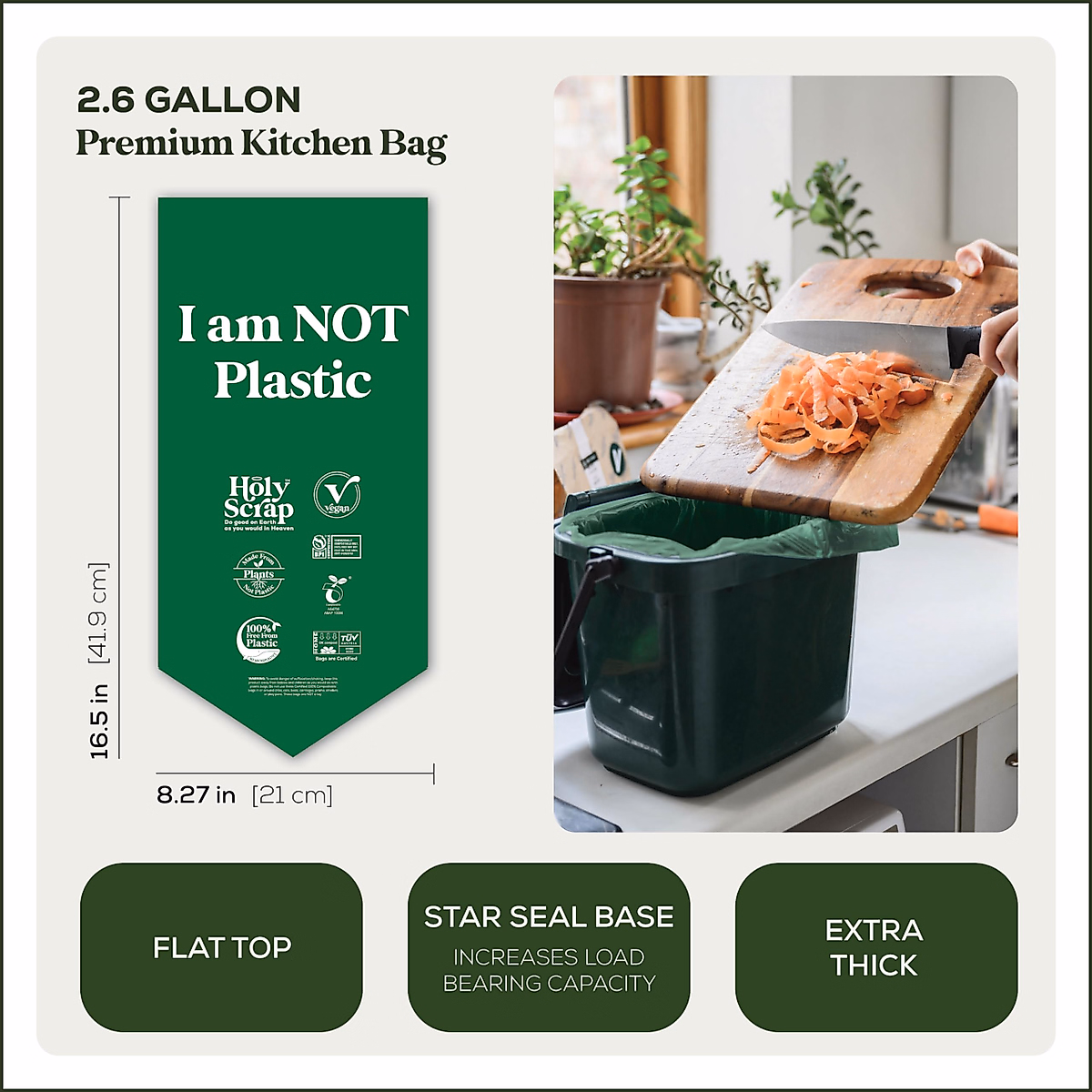 HOLY SCRAP! Small Compostable Trash Bags - 2.6 Gallon, 200 Pack, 100% Plastic-Free Decomposing Kitchen Food Waste Trash Can Bags & Liners, Thick Countertop Garbage, Bathroom & Bio Bin Bags