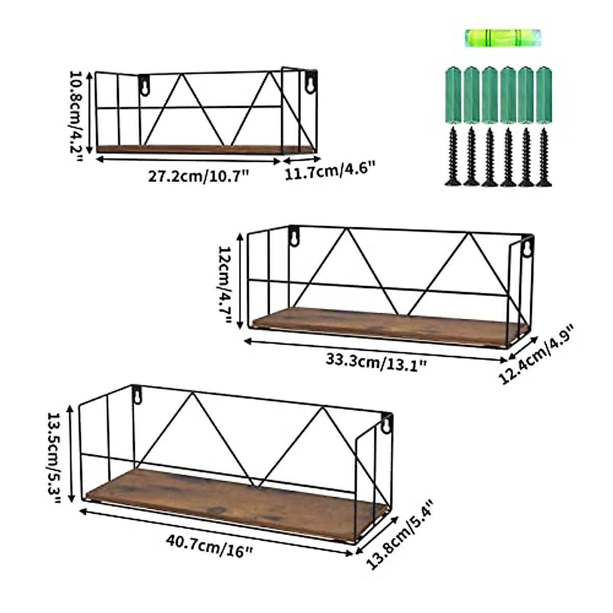 ZBEIVAN Floating Shelves Wall Mounted Set of 3, Wall Shelves with Metal Wire for Bathroom Bedroom Kitchen Living Room