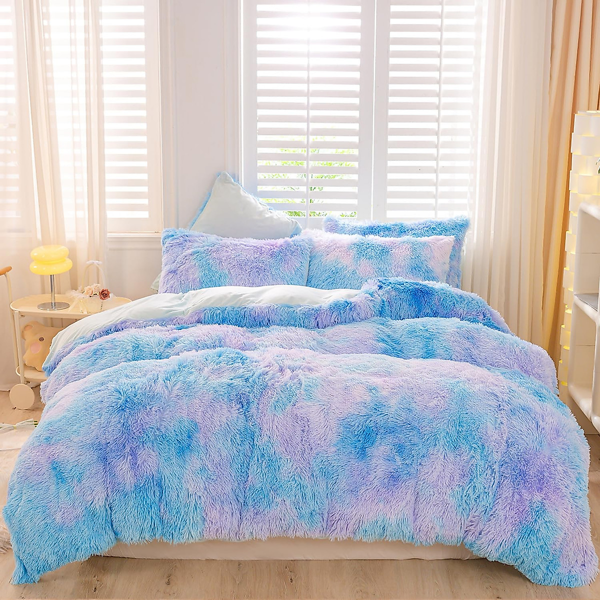 ZRNBAST Shaggy Faux Fur Duvet Cover Set Blue Purple Twin Size Bedding Sets for Girls Kids 3 Pcs Soft Fluffy Tie Dye Ombre Duvet Covers with Zipper Closure(Blue,Twin)