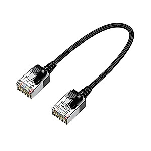 JUXINICE Ultra Thin CAT6a Ethernet Cable 1.5FT Short, Flexible and Light,Ultra Short Crystal Head is Easy to Bend Right Angle, 10Gigabit/Sec Network/High Speed Internet Cable in Nylon Black