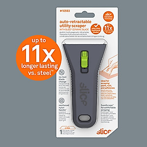 Slice 10593 Regular - Auto-retractable, Utility Scraper, Ceramic Blade Automatically Retracts, Rust Free, Finger Friendly, Soft-Touch Comfort Grips Reduce Strain, 1 Pack