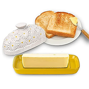 Ceramic Butter Dish With Lid For Countertop Daisy Butter Keeper Butter Container Large Butter Holder Butter Tray Covered Butter Dish Butter Dishes With Lid Butter Storage Butter Holder For Counter