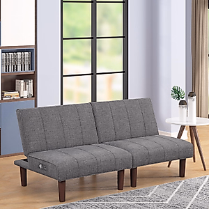 Mini Couches, Armless Upholstered Futon Couch Chair with USB Charger, Adjustable Backrest Small Sofa Couch for Living Room, Bedroom, Office, Dorm, Apartment,Kids Room,Gray Dog Couch 305DR1USB