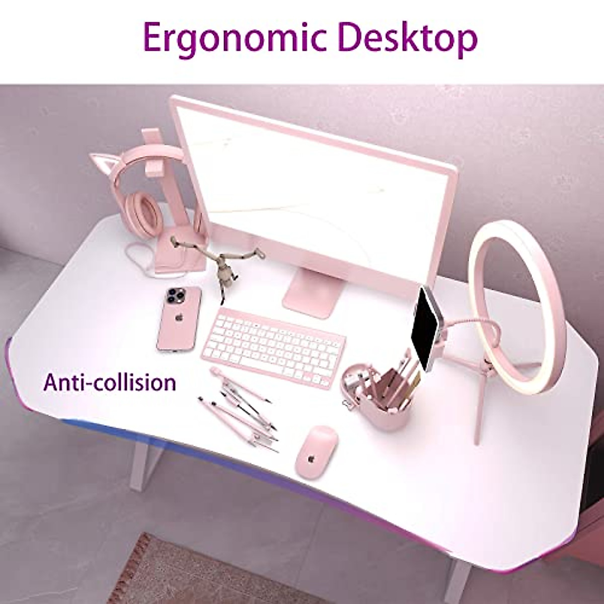 Natwind 47" Ergonomic Gaming Desk K-Shaped Computer PC White Desk Kid Student Writing Study Table Simple Modern Elegant Style Game Table Gamer Workstation for Home Office Bedroom（White）