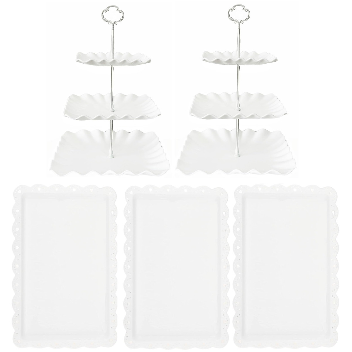 5 Pcs Cupcake Stand Set - Plastic Dessert Table Display Set, 2 White Square 3 Tier Cupcake Display Stands Cookie Tray Rack Serving Tower & 3X 14 in Plastic Trays for Wedding Baby Shower Tea Party