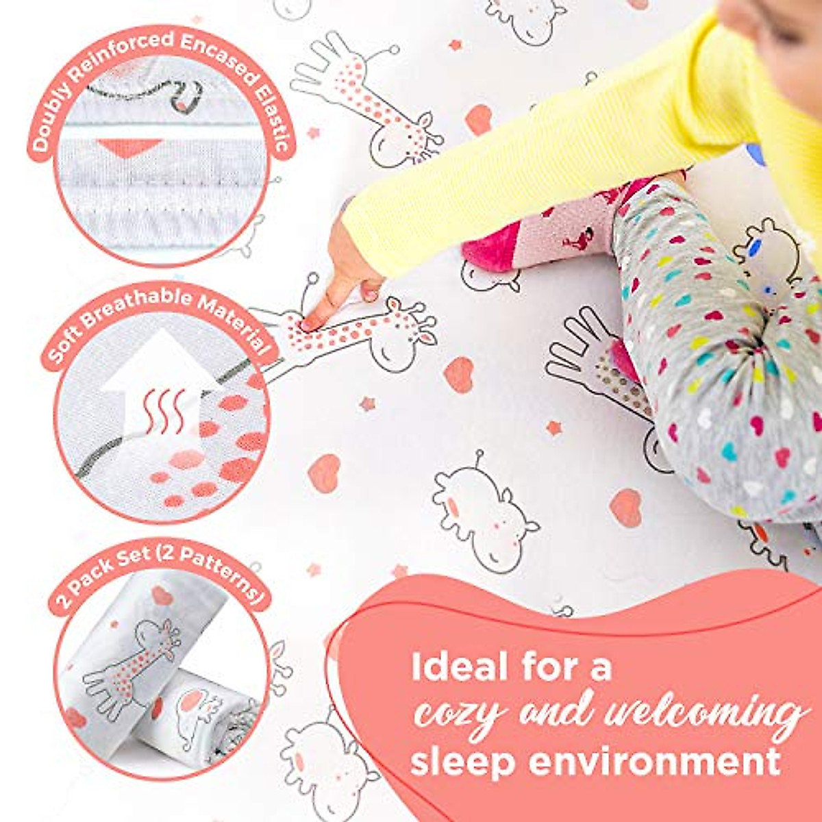 Stretchy Fitted Crib Sheets for Baby Girls, Ultra Soft Jersey Knit Cotton, Fits Standard Crib and Toddler Mattress, Size 28in x 52in, 2 Pack Set, Coral Elephants & Coral Animals Nursery Sheet