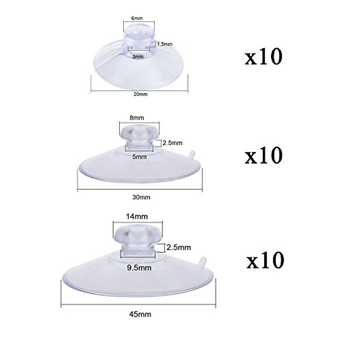 Whaline 30 Packs Suction Cup Plastic Sucker Pads Without Hooks, Clear, 3 Size, 45 mm, 30 mm, 20 mm