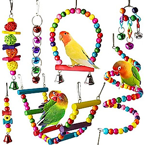 7 Pcs Bird Parakeet Cockatiel Toys, ESRISE Hanging Bell Pet Bird Cage Hammock Swing Climbing Ladders Toy Wooden Perch Chewing Toy for Conures, Love Birds, Finche, Budgerigar