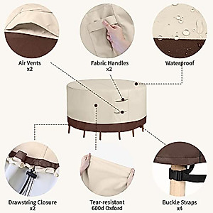 Simpelg Round Patio Furniture Covers, 100% Waterproof Outdoor Table Chair Set Covers 600D Heavy Duty, UV Resistant Anti-Fading Outdoor Table Cove for Round Furniture Set, 62" DIAx28 H, (Beige & Brown)