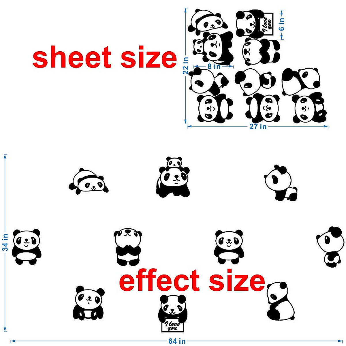 ANFRJJI 10 pcs Cute Small Panda Wall Decal Sticker Nordic Style Cute Animal Vinyl Wall Stickers for Kids Room Baby Room Nursery Wall Decor Effect Size 34"x64"inch (black-JWH265-Panda)