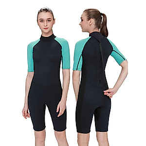 FLEXEL Wetsuit Shorty Women, 2mm Neoprene Short Sleeve Diving Suit Back Zip Keep Warm 1.5mm Female Shorties Wet Suits for Snorkeling Surfing Paddle Boarding (Blue 2mm, Large)