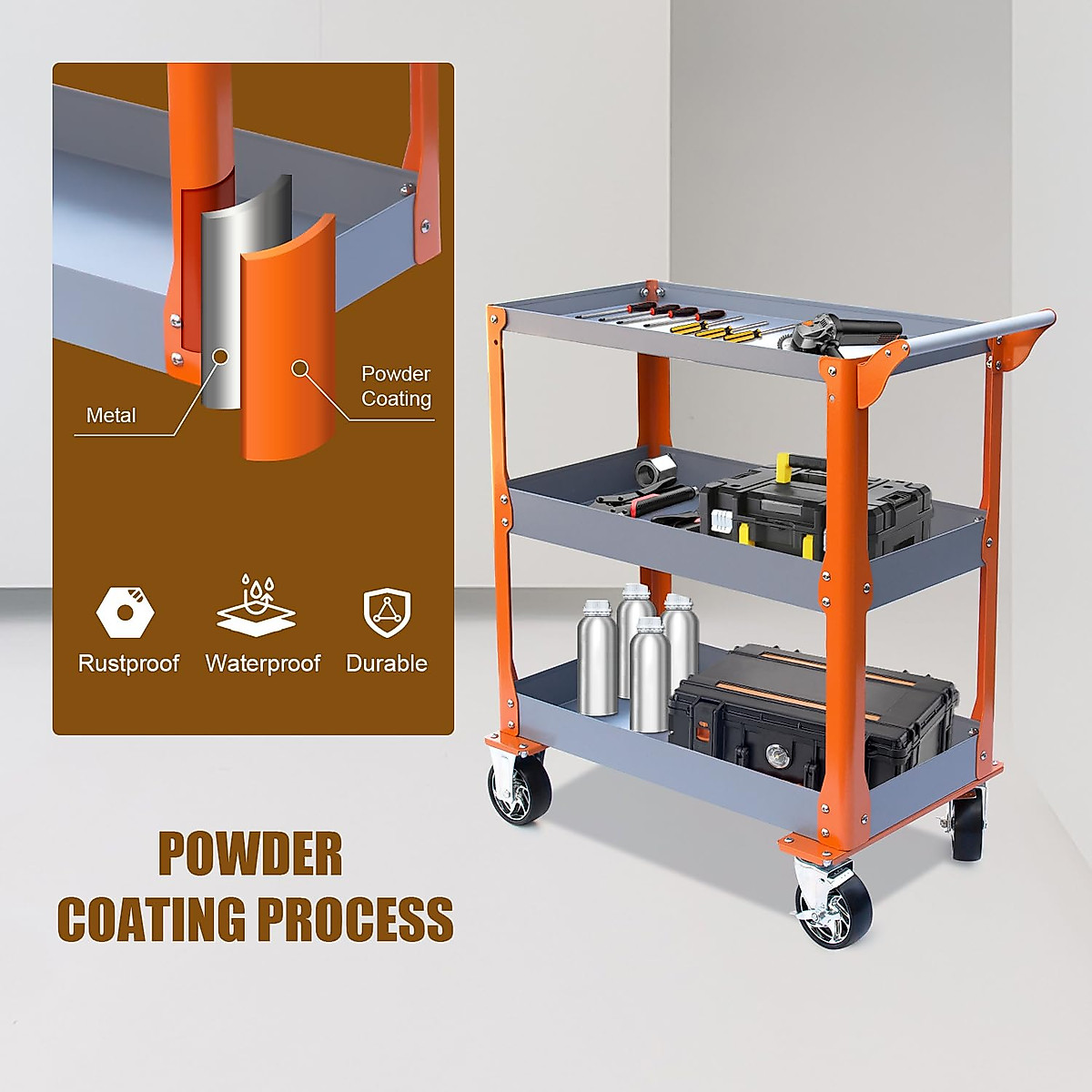 HPDMC 3-Tier Utility Cart 1000lbs Capacity Heavy Duty Metal Service Cart with Wheels, Rolling Tool Cart on Wheels, Garage Tool Push Cart for Mechanic, Garage, Workshop, Warehouse, Office