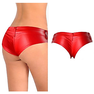 Faringoto Red Girls Low Rise Stretch PU Coated Faux Leather Button Zip Hot Pants