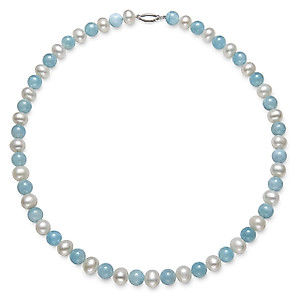 Sterling Silver Cultured Freshwater Pearl and Natural Aquamarine Gemstone Strand Necklace, 18"