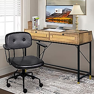 LEEJAY Rattan Computer Desk with Two Drawers, 40 inch Small Computer Writing Desk with Outlets, Entryway Console Table for Small Space,39.37Lx19.68Wx31.29H, Mix Oak