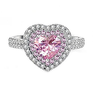 GLOW SPECTRA JEWELS 2.34 Cttw Heart Shape Simulated Pink Sapphire & White Cubic Zirconia Wedding Engagement Halo Ring In 14K White Gold Plated 925 Sterling Silver Ring Size - 7.5