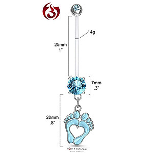 Forbidden Body Jewelry 14G 1" Pregnancy Bioflex Adjustable & Flexible Dangle Baby Feet CZ Maternity Belly Ring, Aqua (1pc)