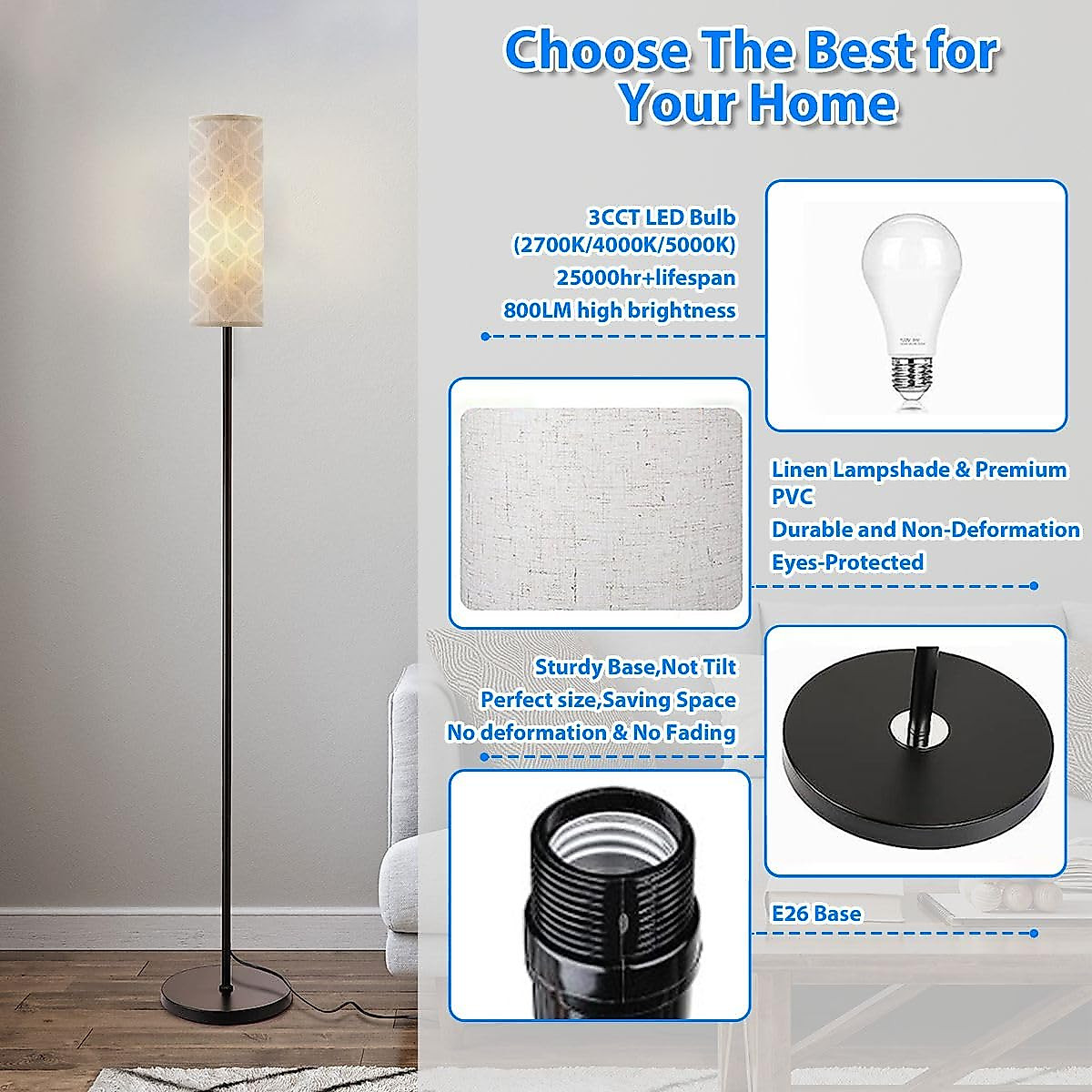 RZNTJHUINA Modern Boho Standing Lamps Geometric Gray White Texture Minimalist Floor Lamp Metal Pole Lamp with Linen Lampshade for Bedroom Living Room Office Nursery Reading Foot Switch