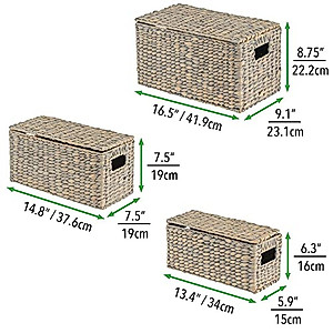 mDesign Woven Water Hyacinth Rectangle Storage Organizer Basket Bin with Topper Lid and Handles - Natural Farmhouse Holder Containers for Closet, Bedroom, Bathroom, Office - Set of 3 - Gray
