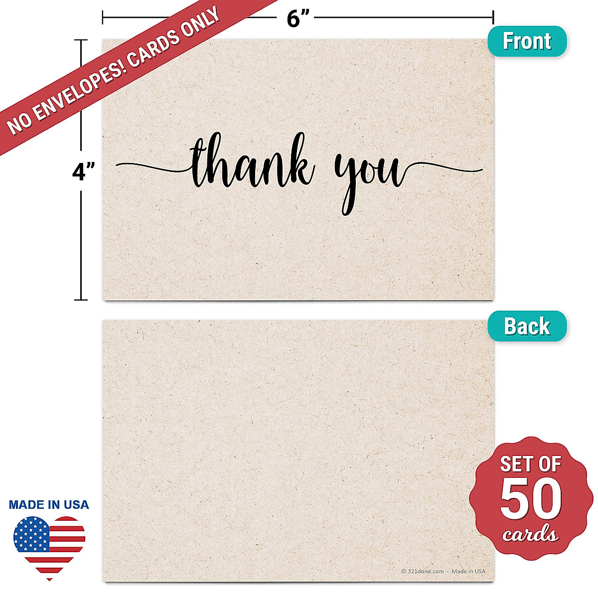 321Done Thank You Note Cards (Set of 50) 4x6 - Blank on Back - Made in USA, Cute Modern Script Kraft Tan Thick Cardstock, Large