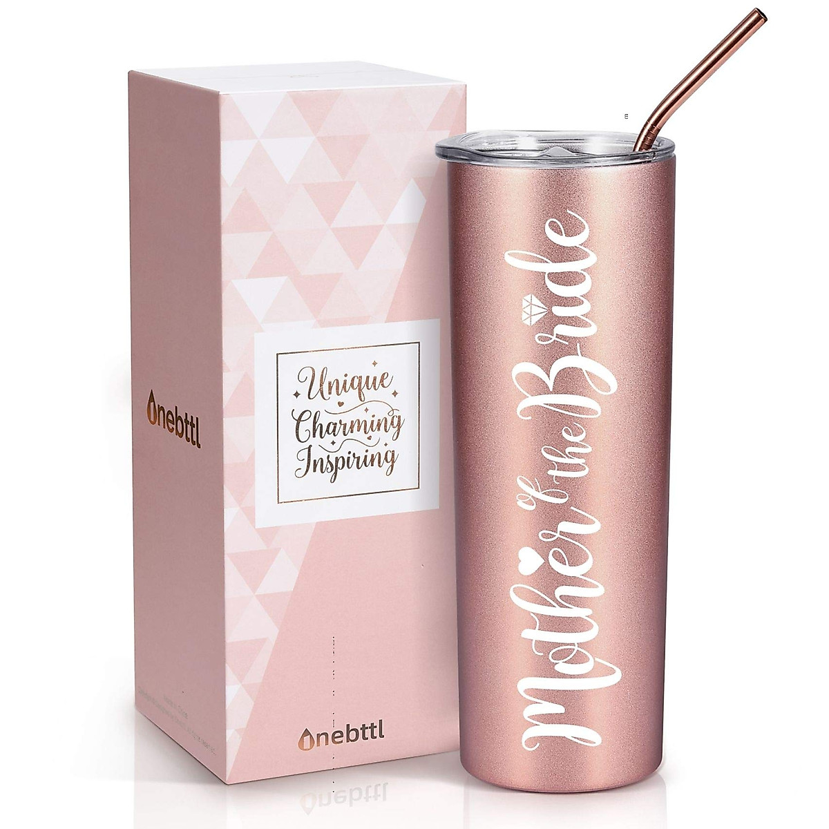 Onebttl Mother of The Bride Gifts, 20oz Stainless Steel Skinny Tumbler with Lid and Straw On Wedding Party for Brides Mom from Brides, Daughters (Rose Gold)