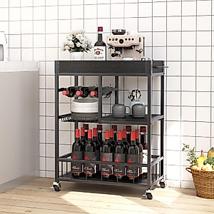 Azheruol Bar Cart with Basket 3 Tiers Home Rolling Wine Rack with Wheels Mobile Kitchen Industrial Vintage Style Wood Metal Serving Trolley Serving Cart,Black Frame Home Kitchen Shelf for Party